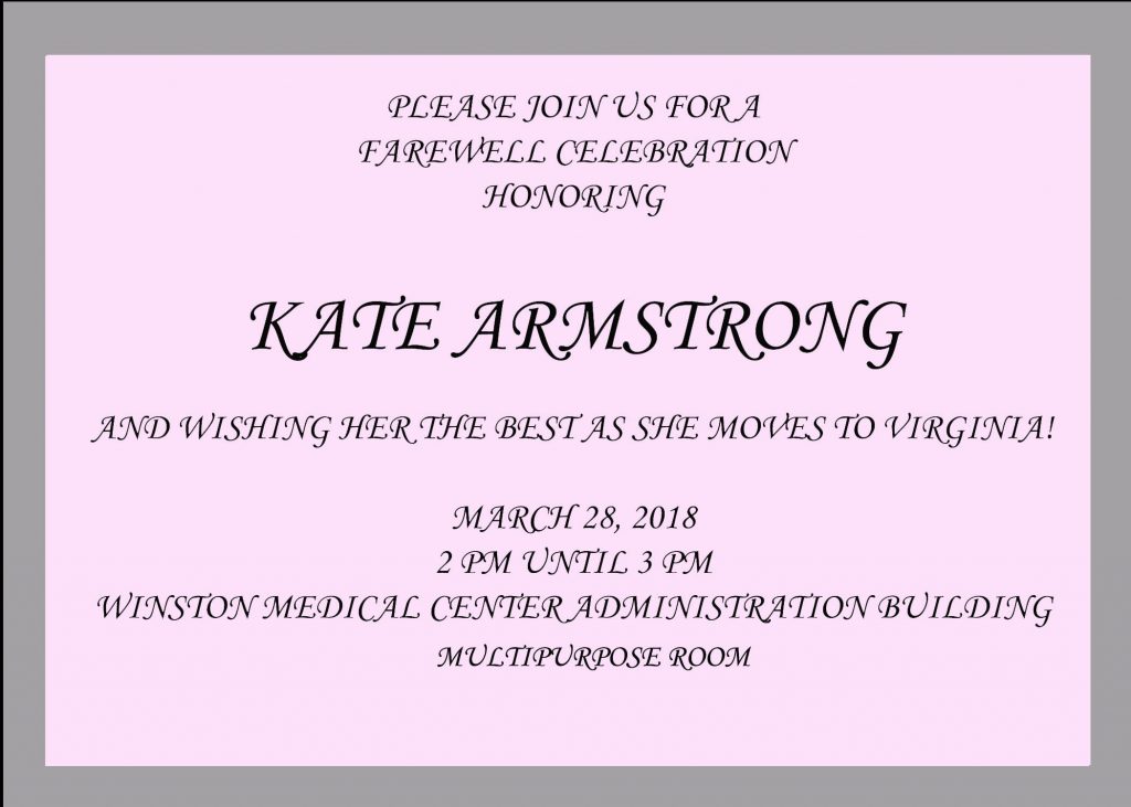 Join us to wish Kate Armstrong a farewell! - Winston Medical Center